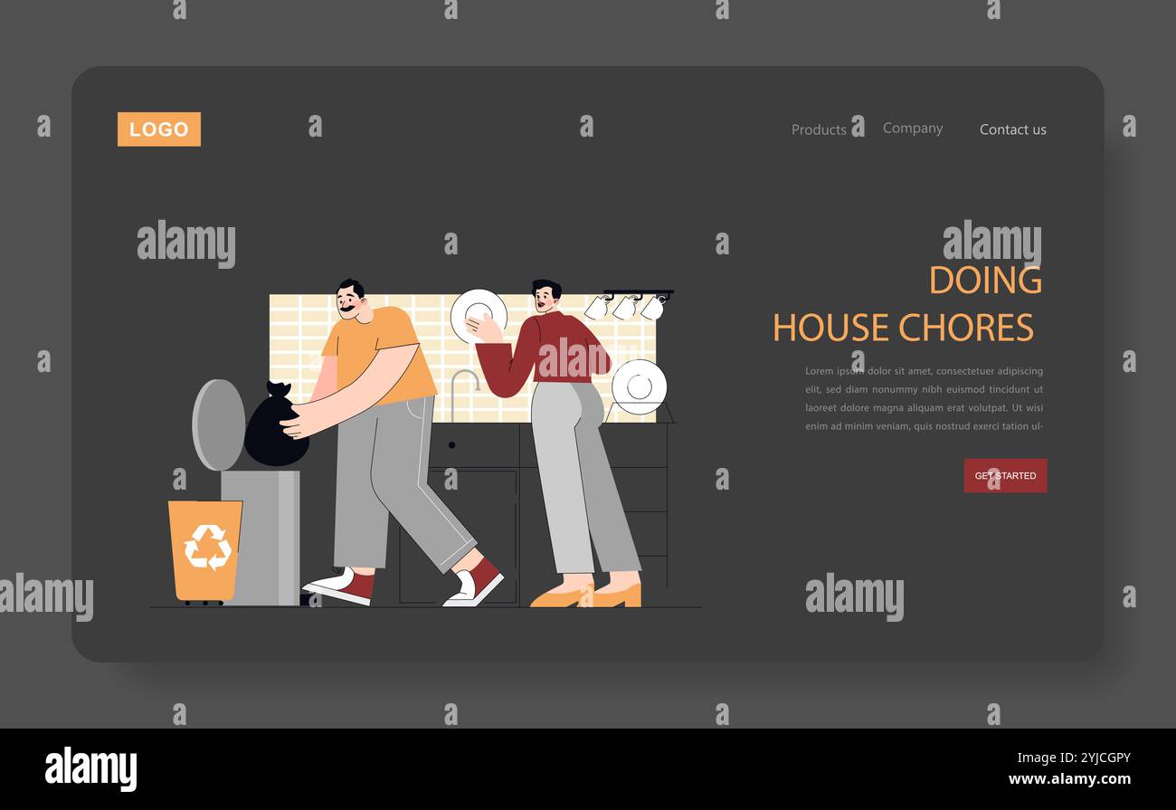 Household routine concept. Two people engage in daily chores, washing ...