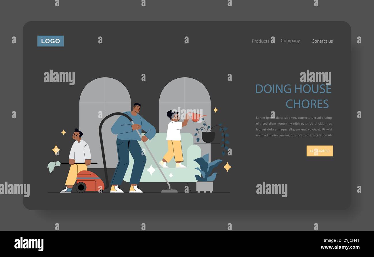 Household chores concept. A family engages in cleaning activities at ...