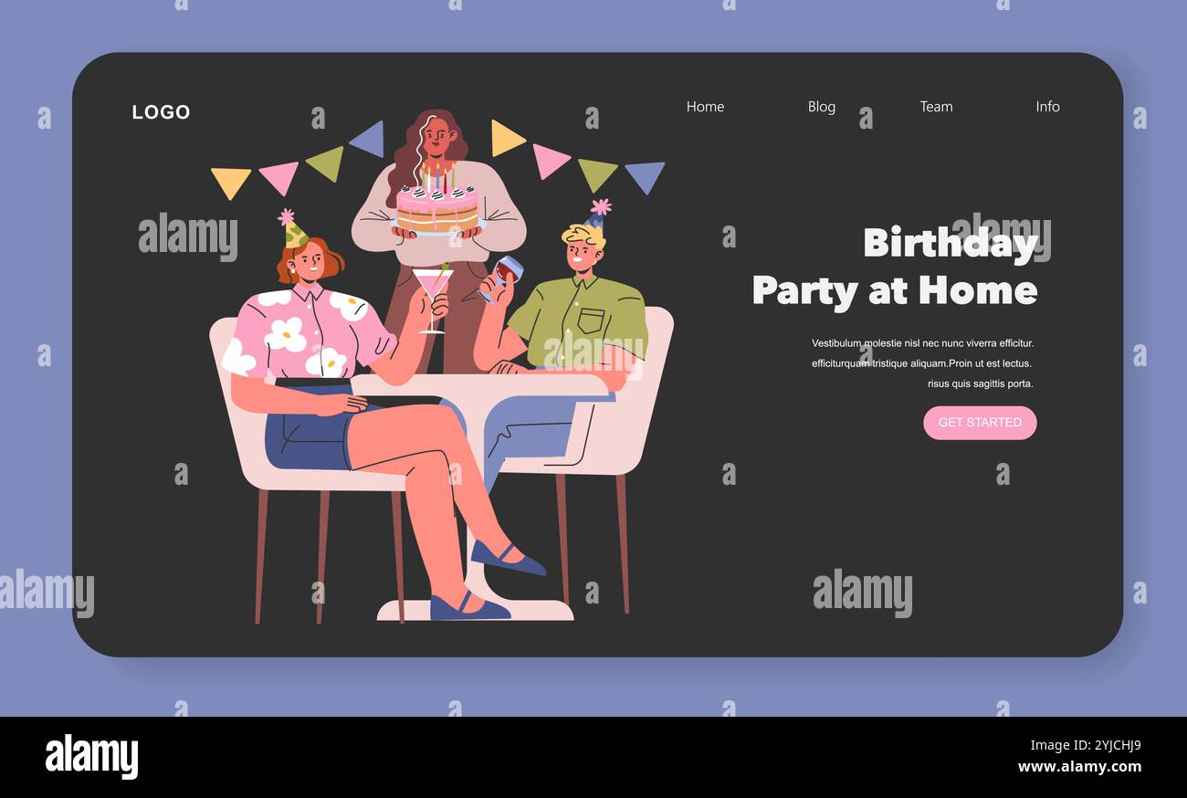 Home birthday party concept. Friends celebrate with drinks and cake in ...