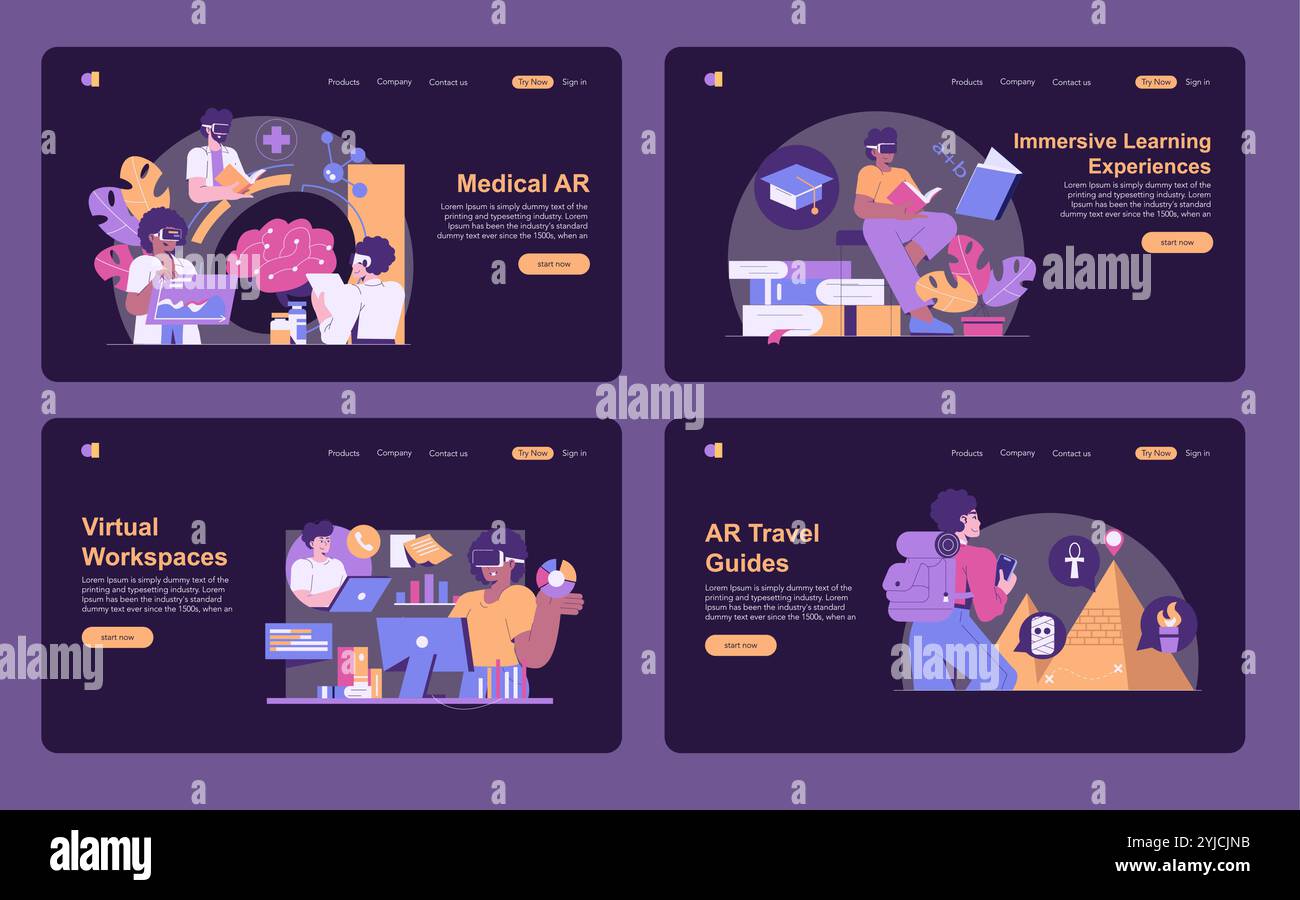 Immersive Reality set. Applications of AR in medicine, learning, workspaces, and travel ...