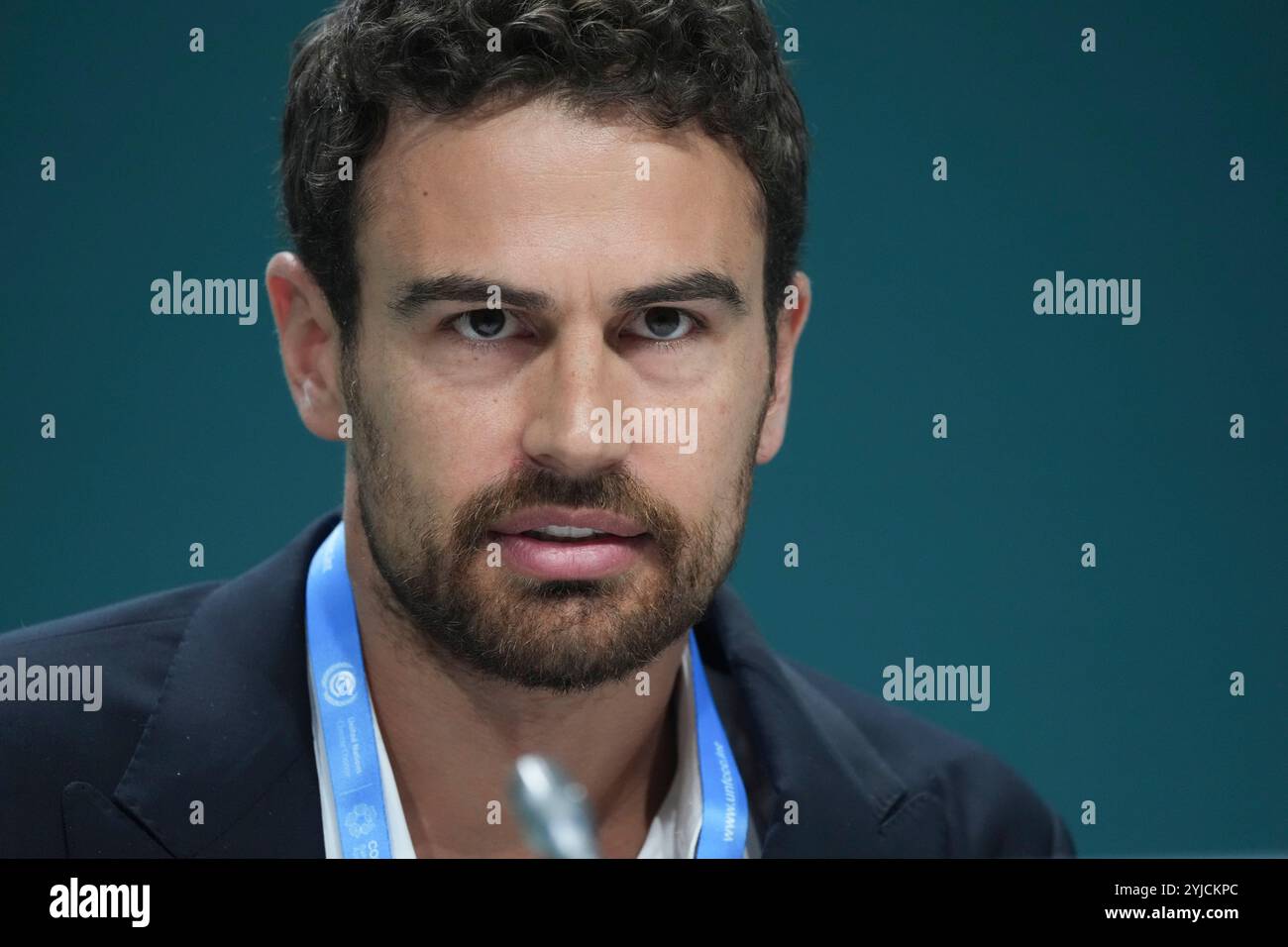 Actor Theo James, UNHCR Goodwill Ambassador, speaks during a news conference during the COP29 U ...