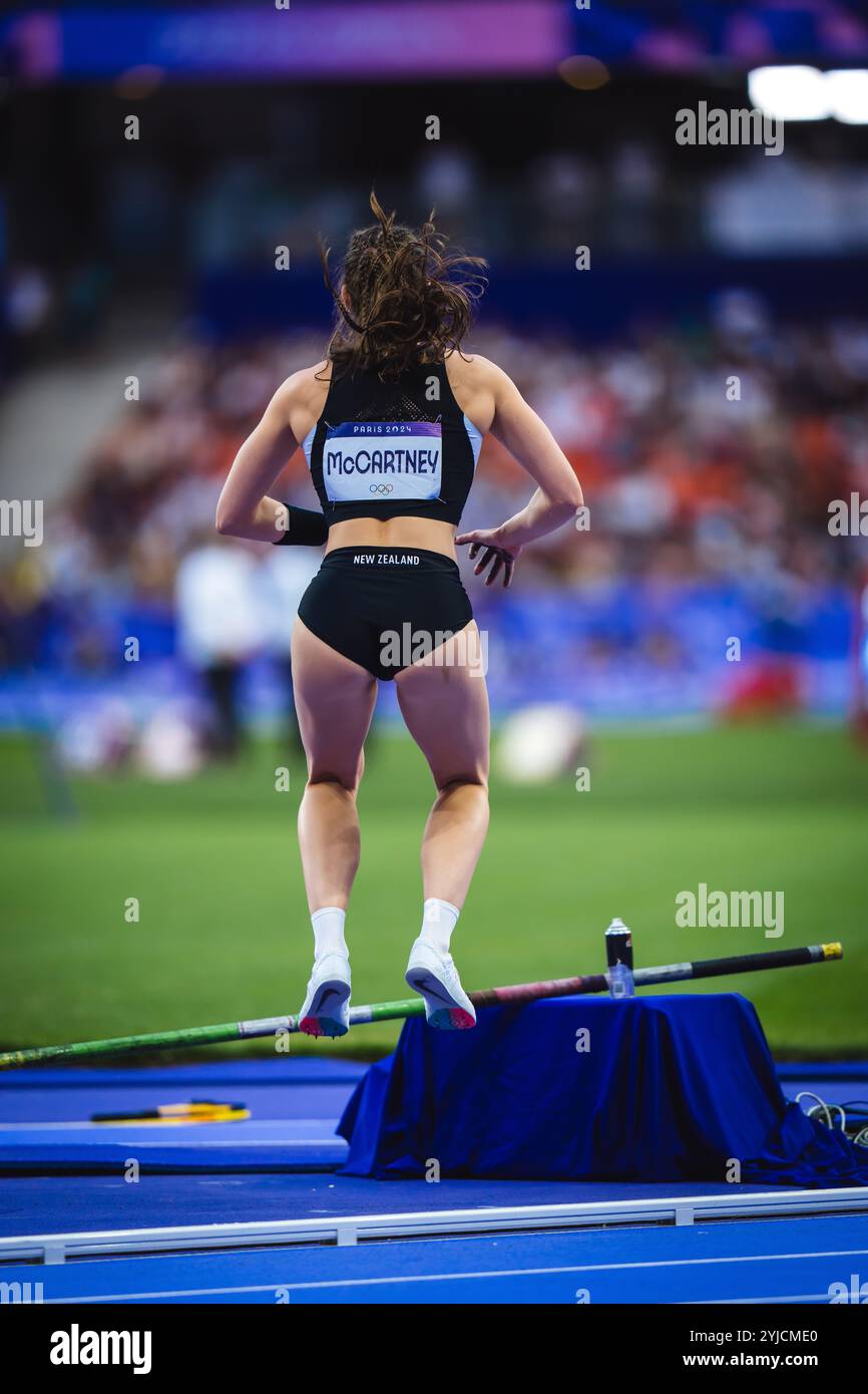 Eliza McCartney participating in the pole vault at the Paris 2024 ...