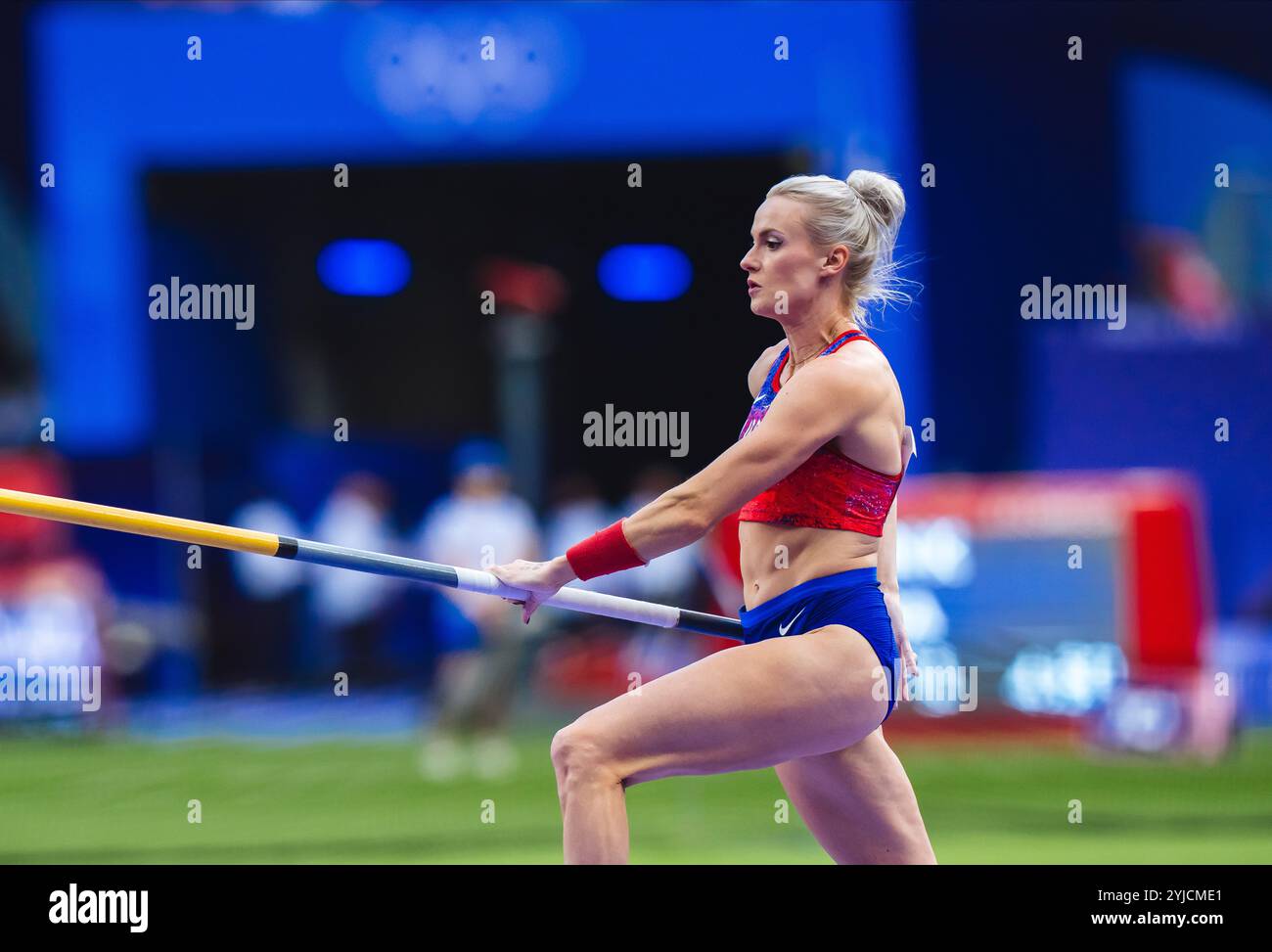 Katie Moon participating in the pole vault at the Paris 2024 Olympic ...