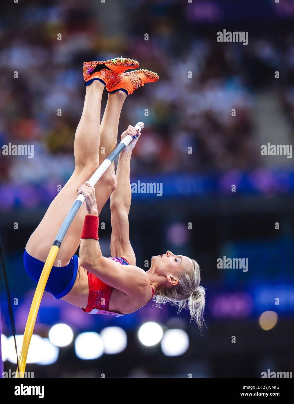 Katie Moon participating in the pole vault at the Paris 2024 Olympic ...