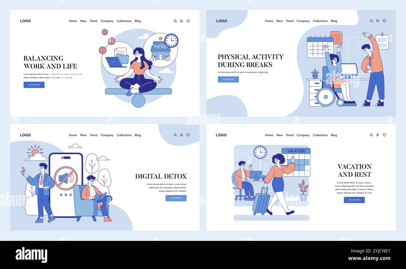 Work Burnout Prevention set. Achieving balance with mindful breaks ...