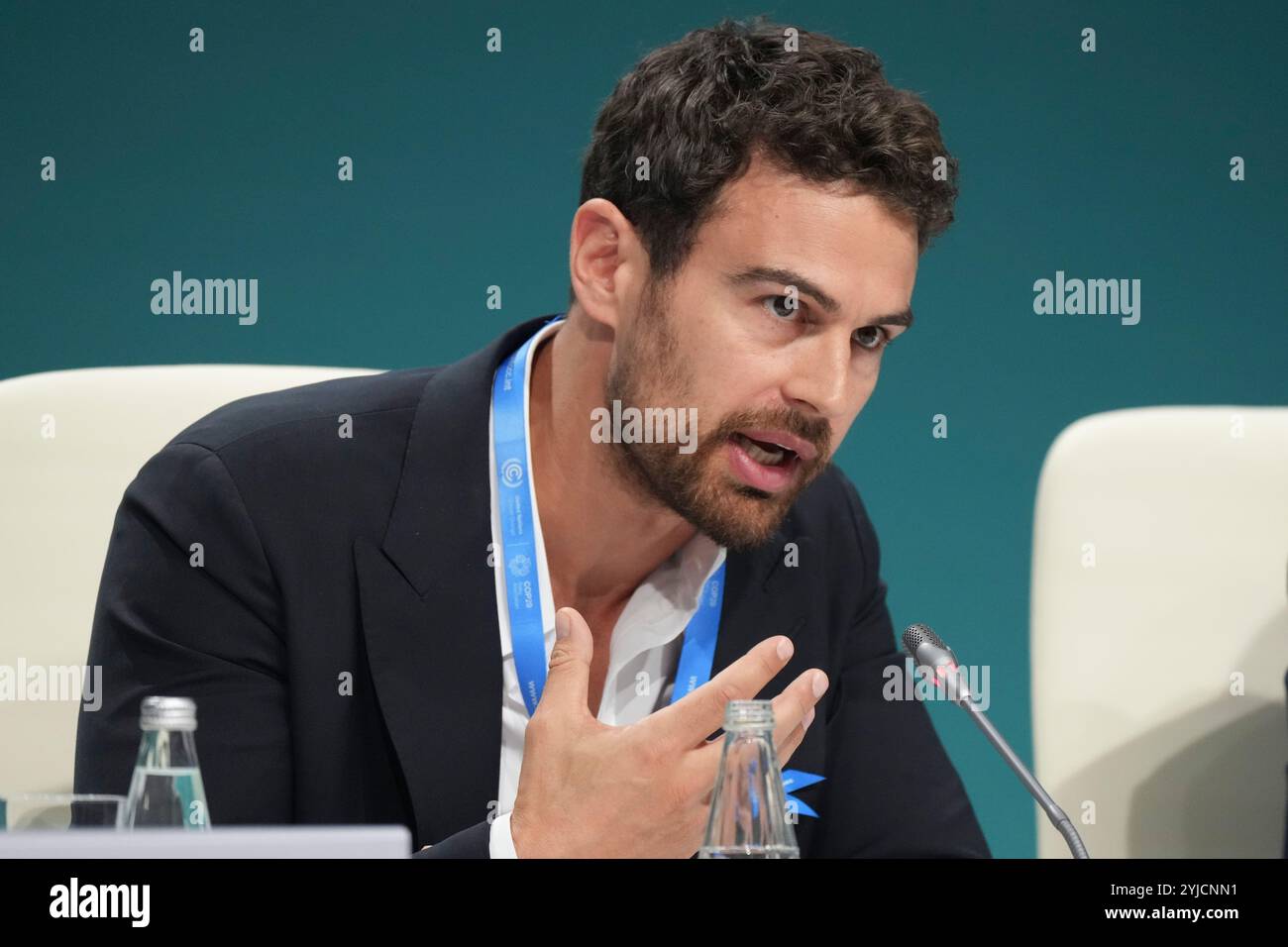 Actor Theo James, UNHCR Goodwill Ambassador, speaks during a news conference during the COP29 U ...