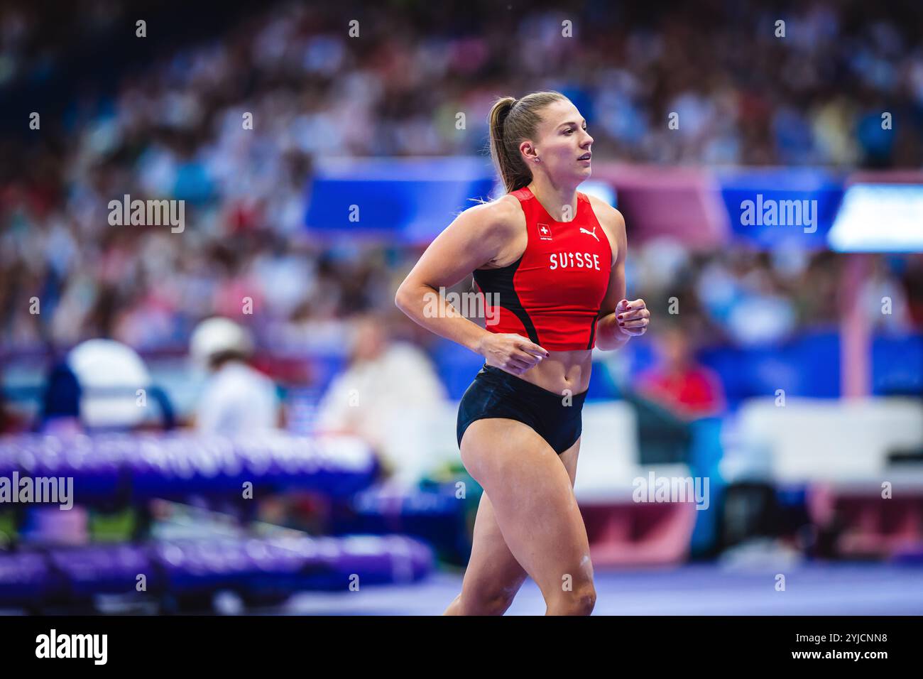 Angelica Moser participating in the pole vault at the Paris 2024 ...