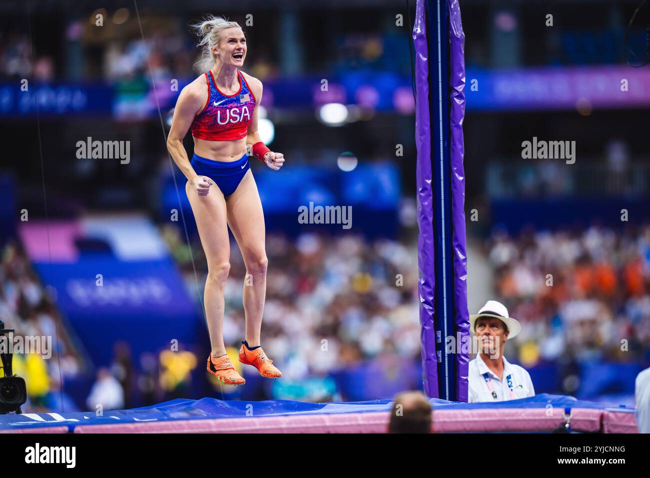 Katie Moon participating in the pole vault at the Paris 2024 Olympic ...