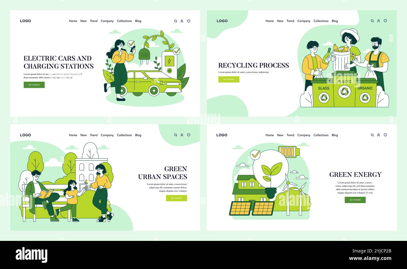 Sustainable Living set. Eco-friendly transport, waste sorting, urban gardening, and renewable ...