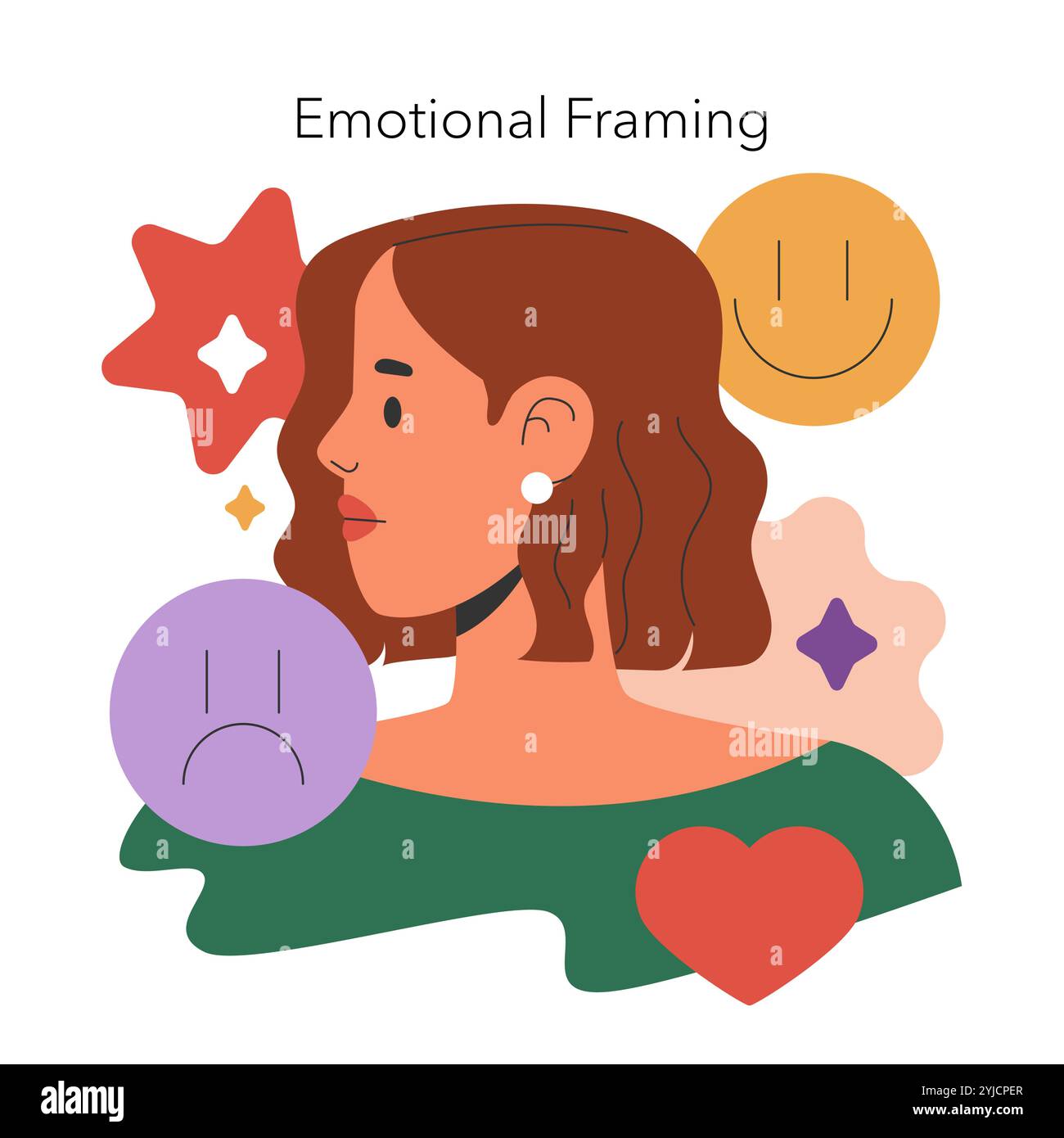 Cognitive framing concept. A woman surrounded by symbols representing ...