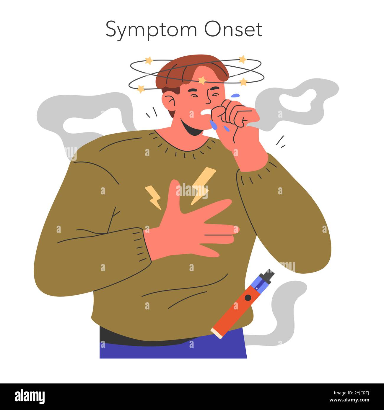 EVALI concept illustration. Man experiences discomfort vaping ...
