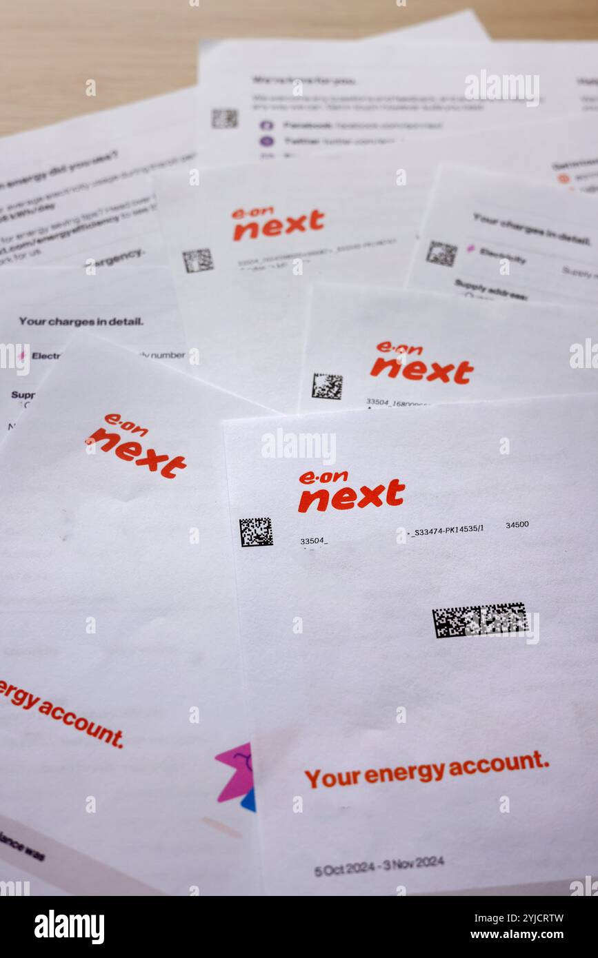 A selection of EON Next electricity bills, private details redacted ...