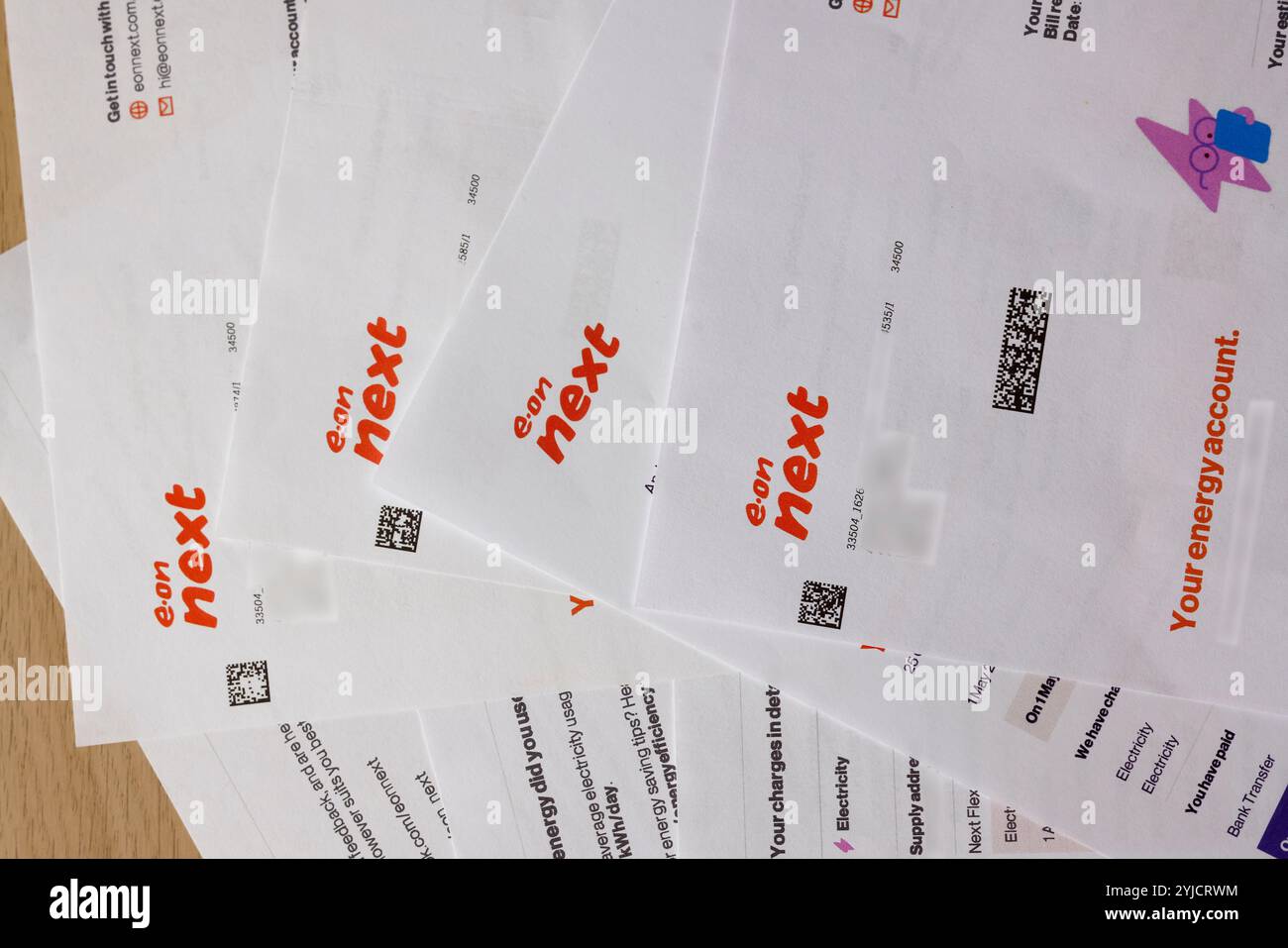 A selection of EON Next electricity bills, private details redacted ...