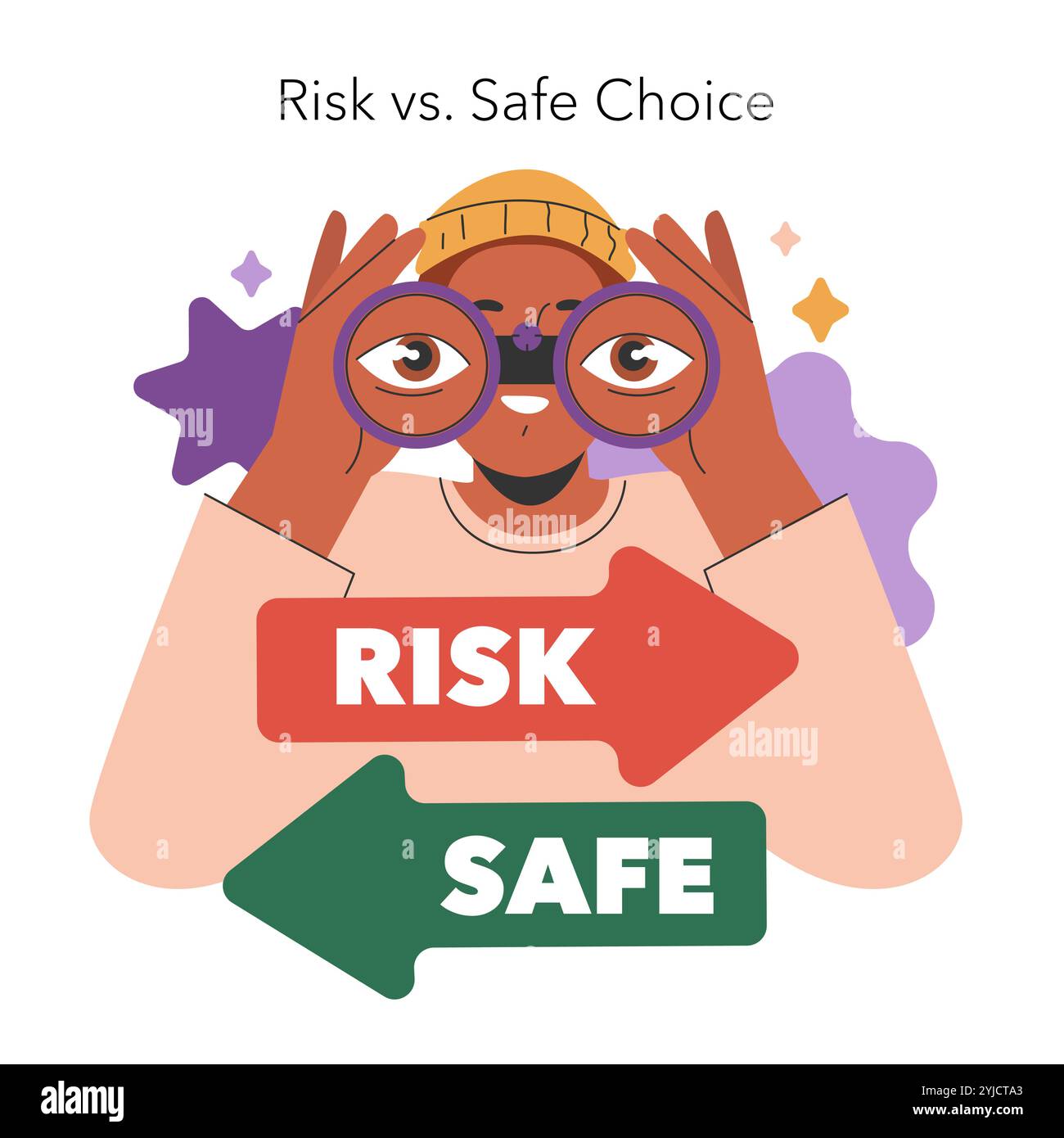 Cognitive Framing concept. Person with binoculars weighing risk versus ...