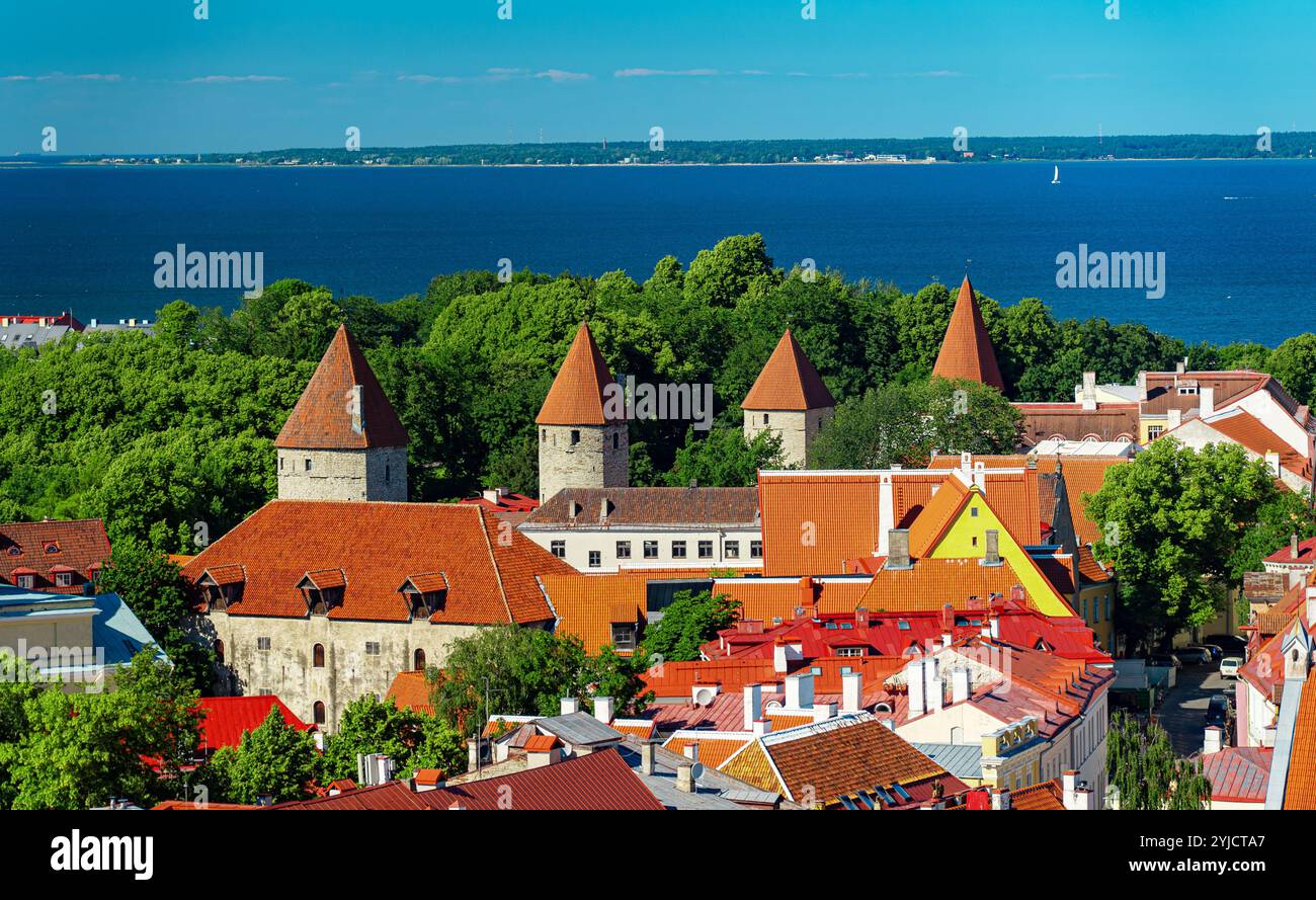 Medieval towers of the fortress wall of the city of Tallinn Stock Photo ...