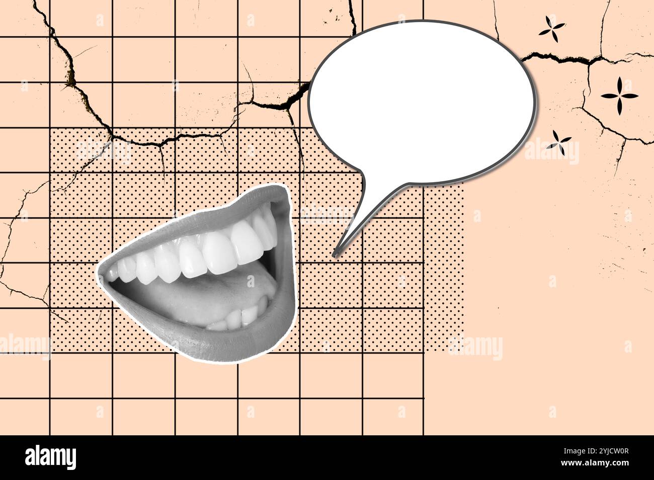 Collage of an open mouth with a blank speech bubble on a chequered ...