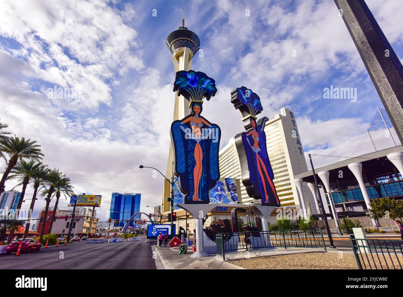 The Strat in Las Vegas with Showgirl signs, on the Vegas strip. This is ...