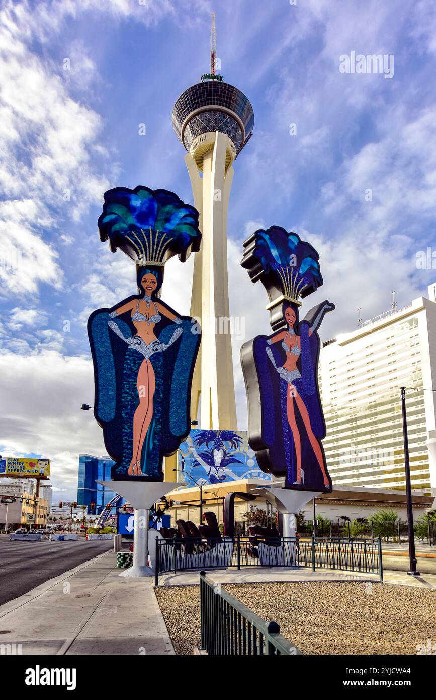 The Strat in Las Vegas with Showgirl signs, on the Vegas strip. This is ...