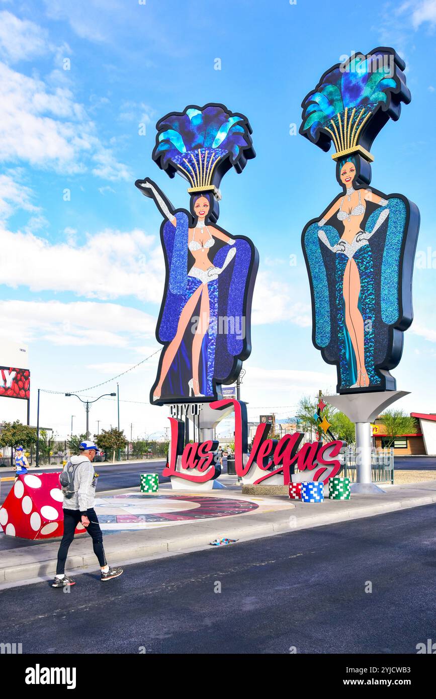 The Las Vegas sign with Showgirl signs on the north Vegas strip. This ...