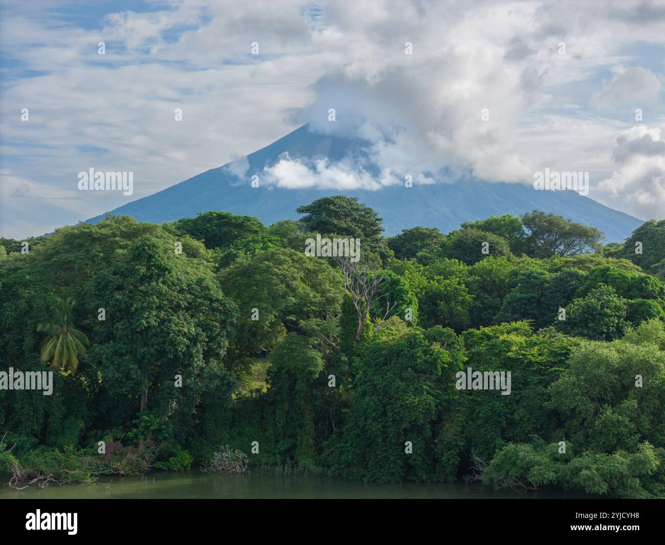 Massive volcano looms over dense forest, shrouded in clouds ...
