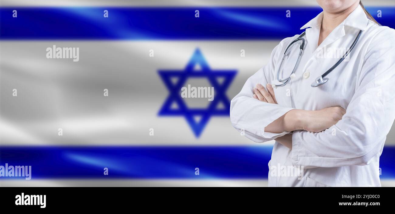 Doctor with crossed arms on Israel flag. Israeli Health and Care ...