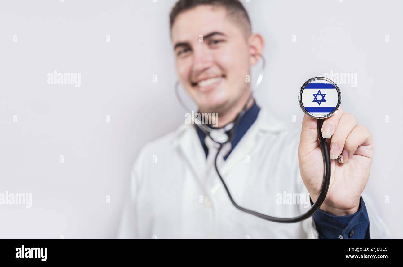 Smiling doctor showing stethoscope with Israel flag. Israel National ...