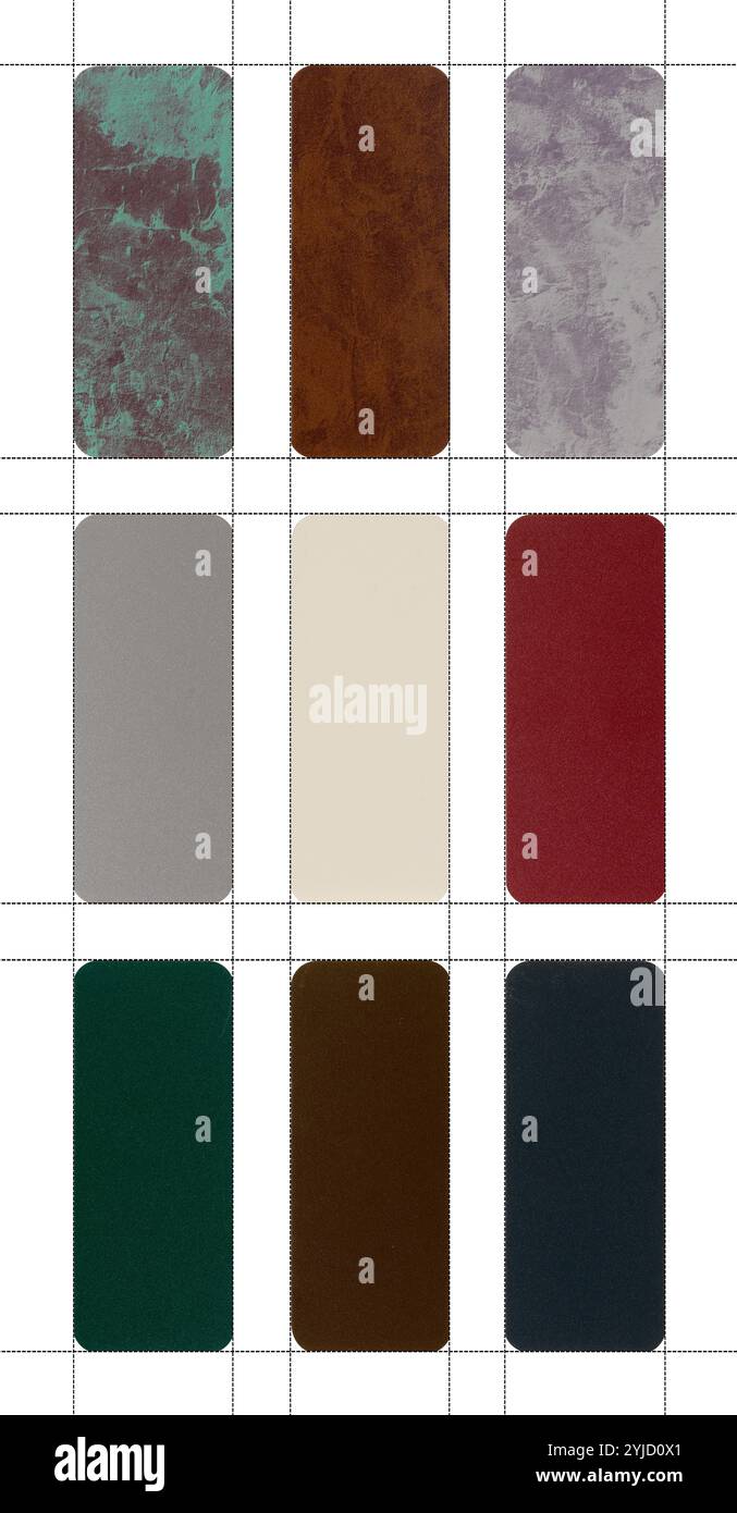 Detail of a table for metal samples with various processes and colors ...