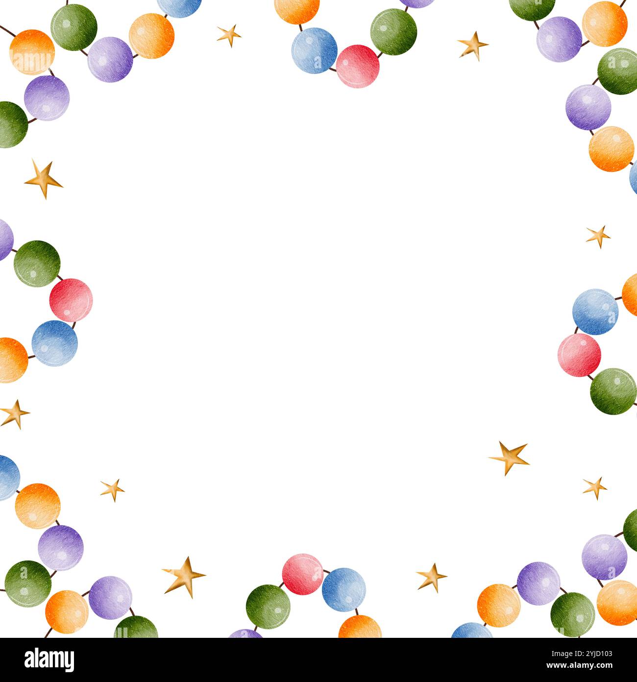 Square frame made of multicolored balls and gold stars. Hand drawn ...