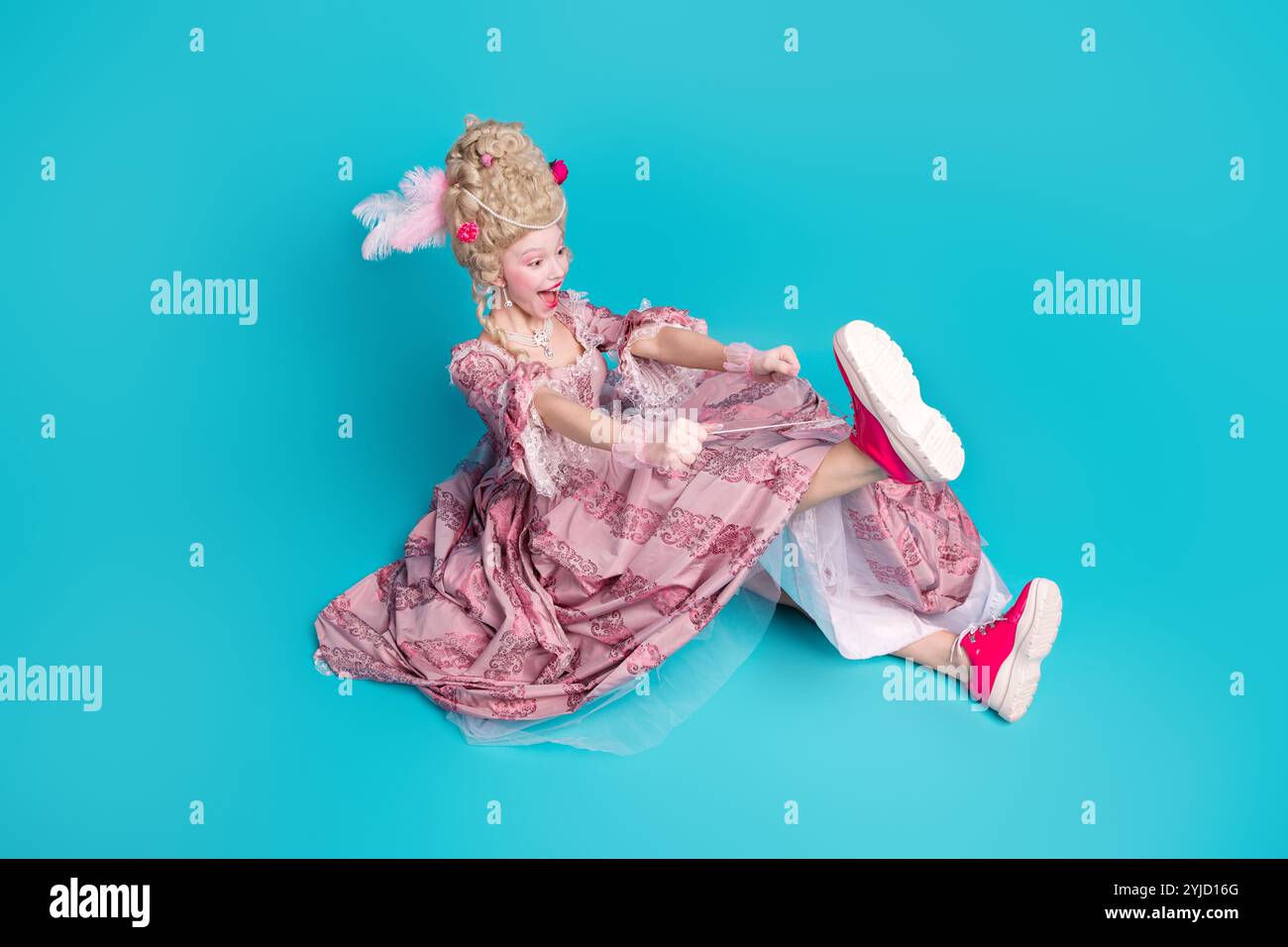 Photo of gorgeous cheerful lady princess wear pink medieval gown ...