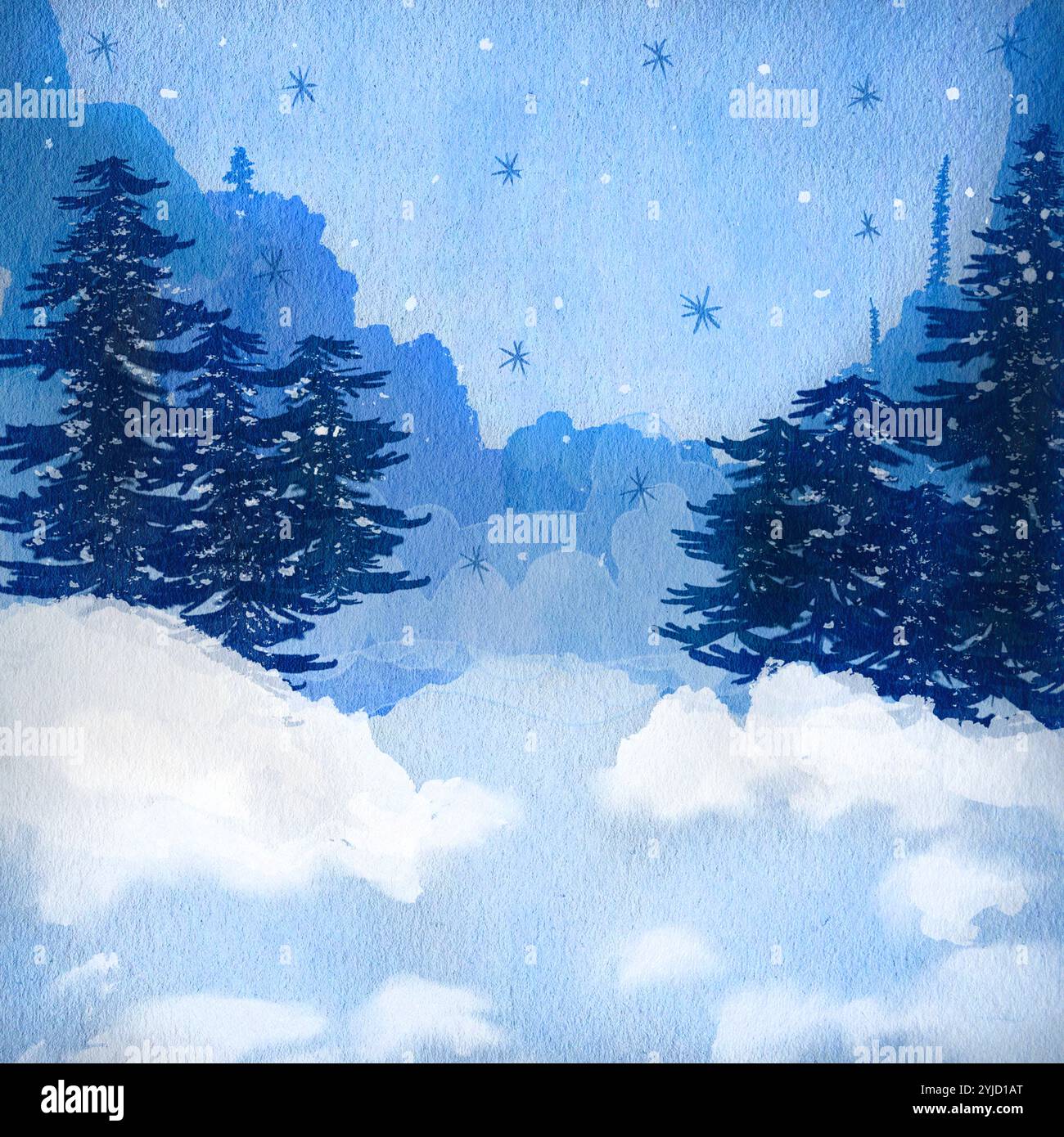 Winter night landscape with fir trees, snow, snowflakes and stars ...