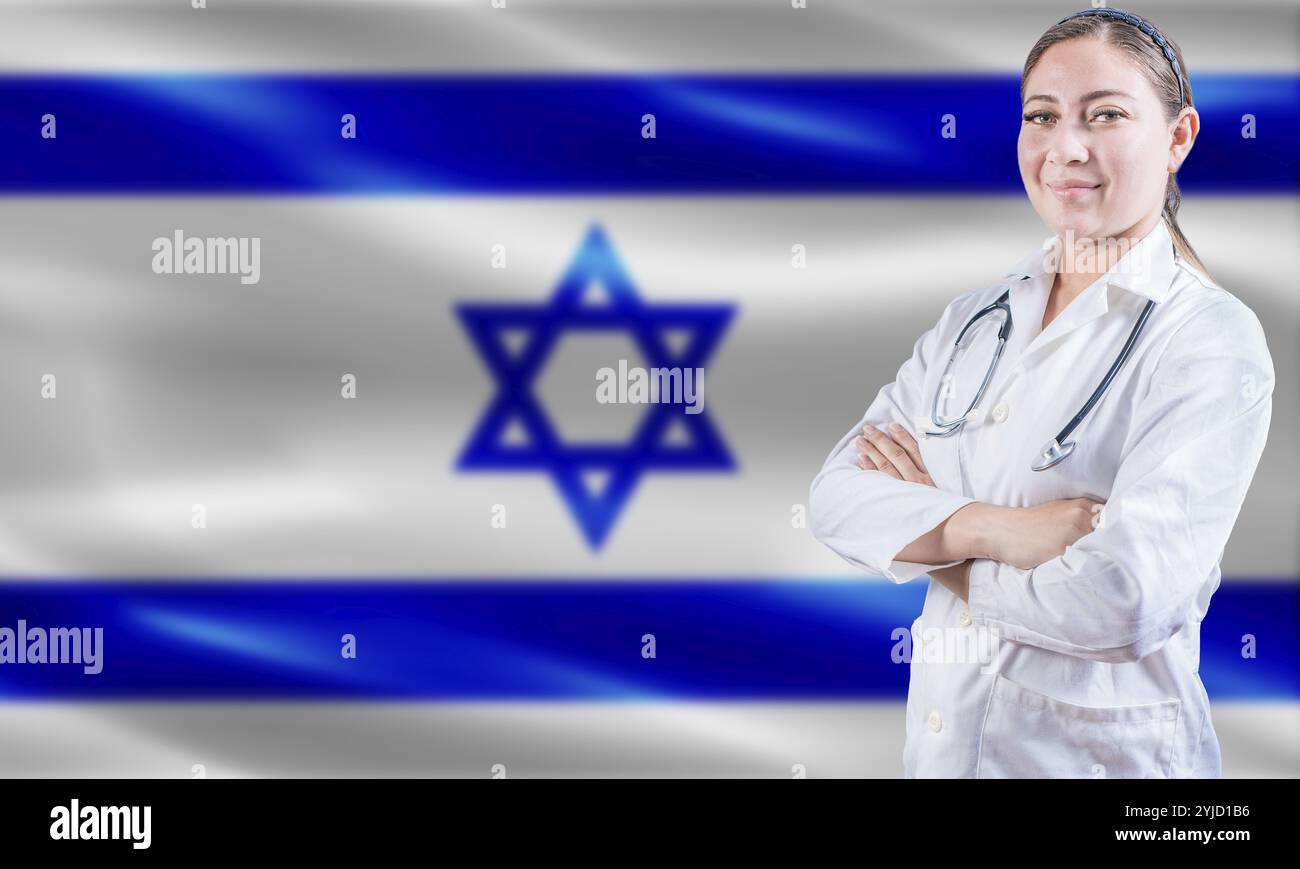 Female doctor on Israel flag. Doctor with crossed arms on Israeli flag ...
