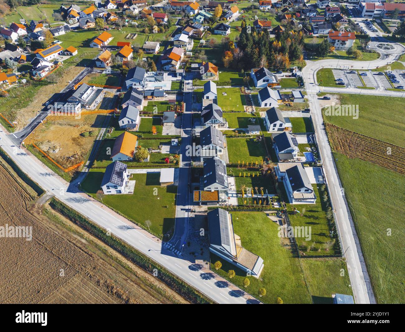 Aerial view, drone flying over new housing development in the country ...
