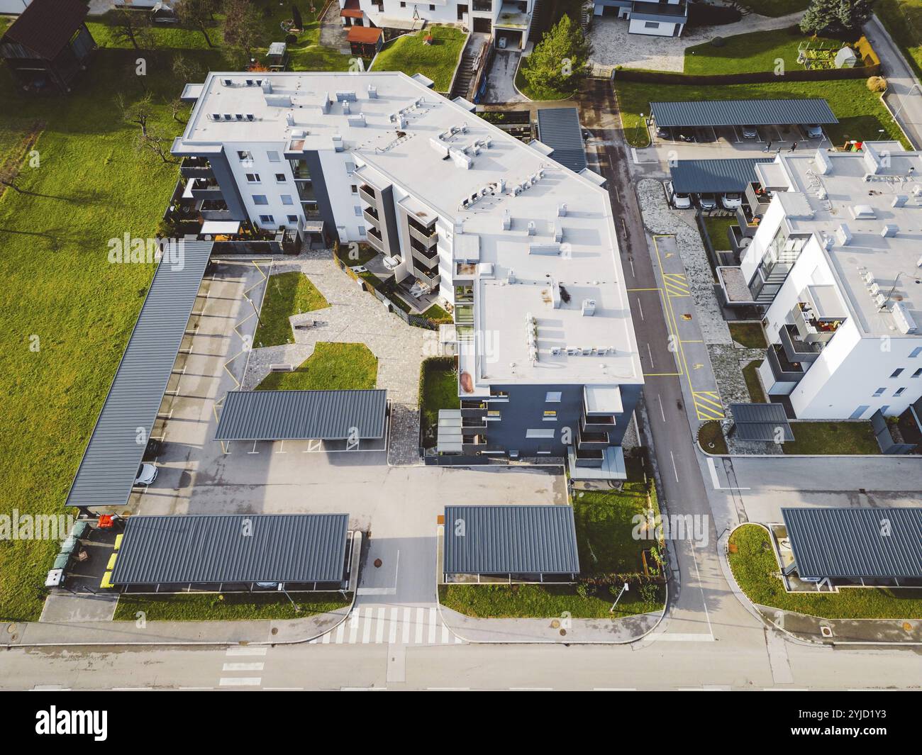 Drone view, aerial shoot of new build houses in the suburbs of Slovenia ...