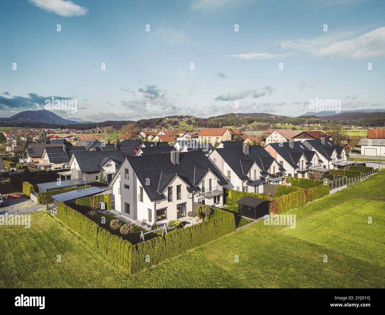 Drone view, aerial shoot of new build houses in the suburbs of Slovenia ...