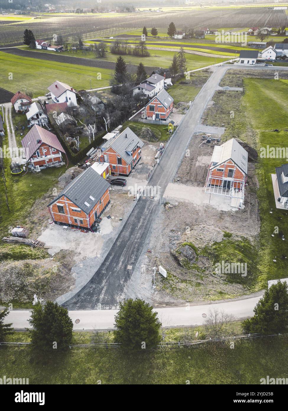 Drone view, aerial shoot of new build houses in the suburbs of Slovenia ...