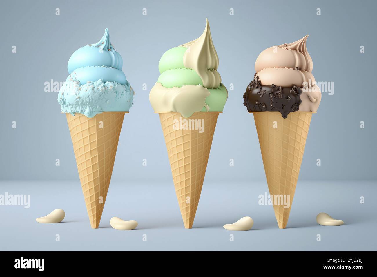 Illustration 3d render of melting summer ice cream in a cone on a ...