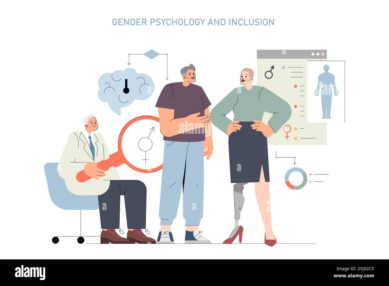 Gender psychology and inclusion concept. Diverse characters engage in ...