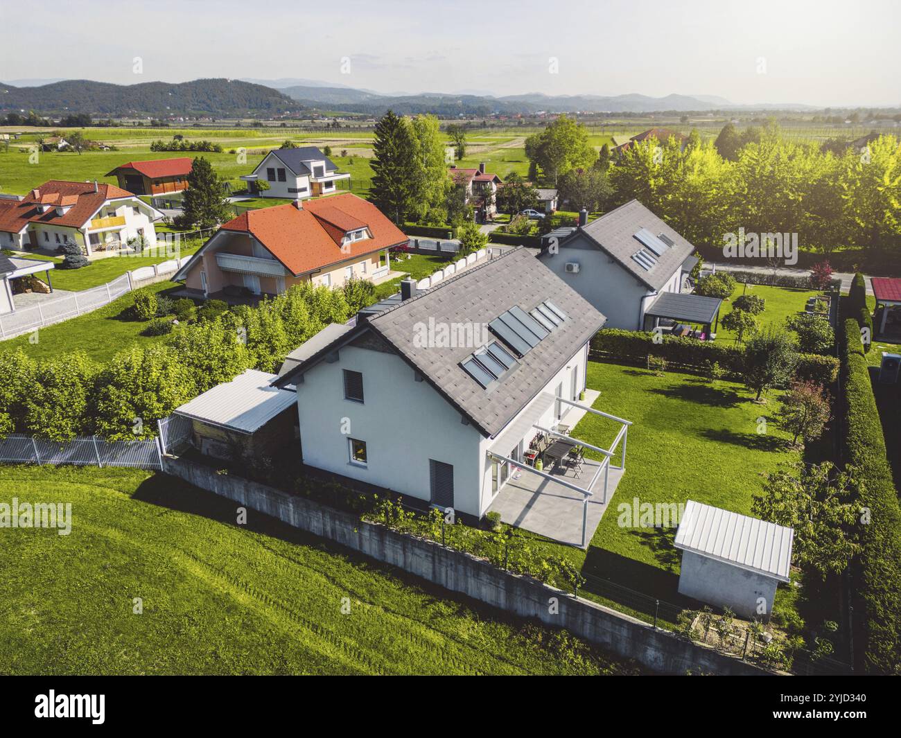 Aerial view, drone flying over suburban community in the country side ...