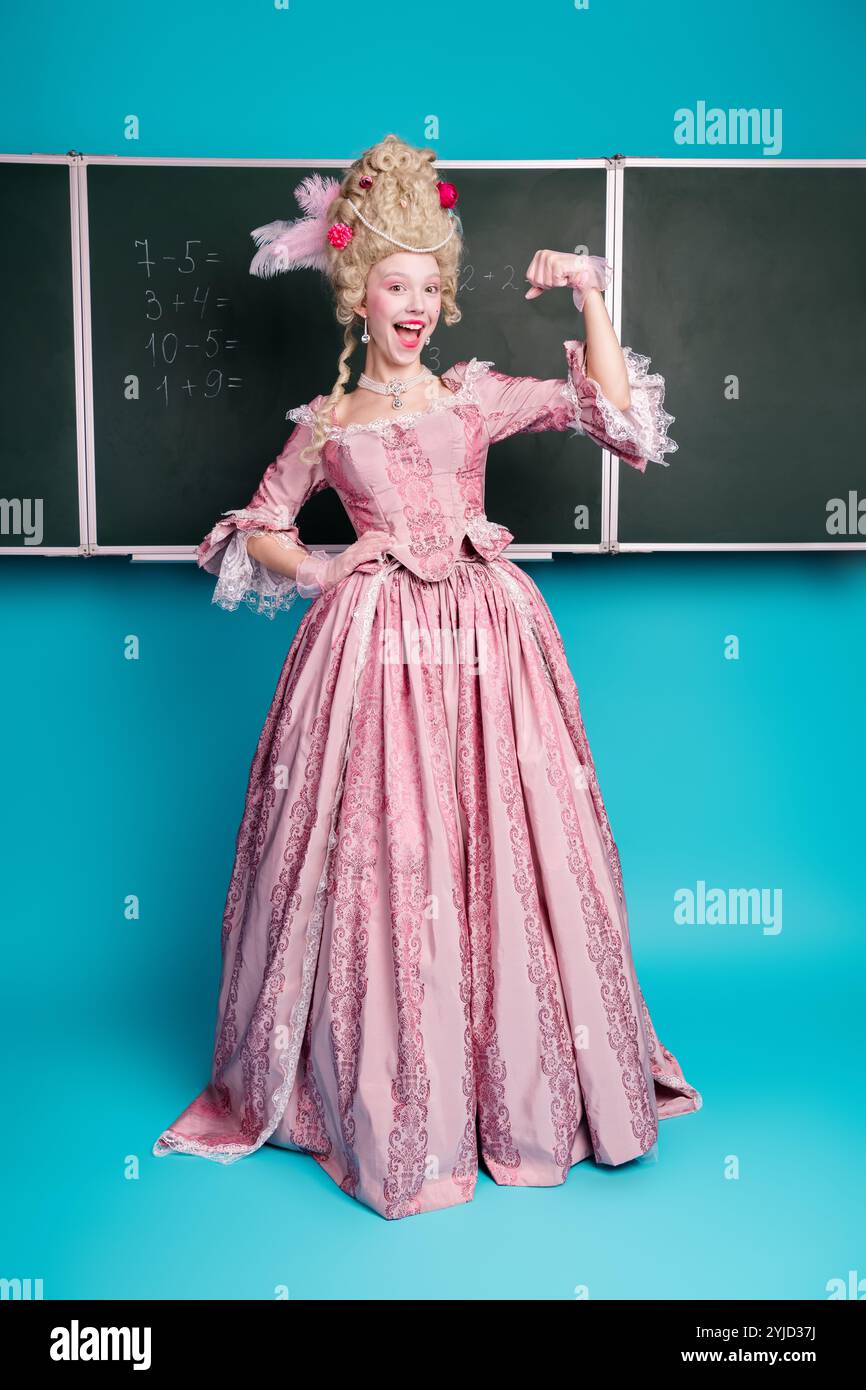Photo of charming lovely lady professor teacher wear vintage pink dress ...