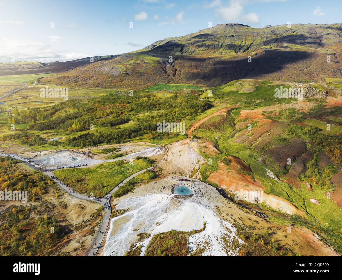 Aerial view of Strokkur geyser, Geyser Hot Springs, Great Geyser in ...