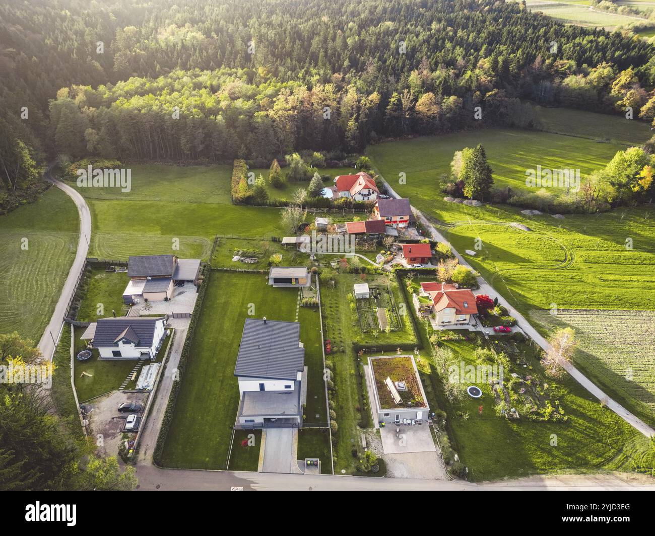 Drone stills of suburban areas outside the city in the country side on ...