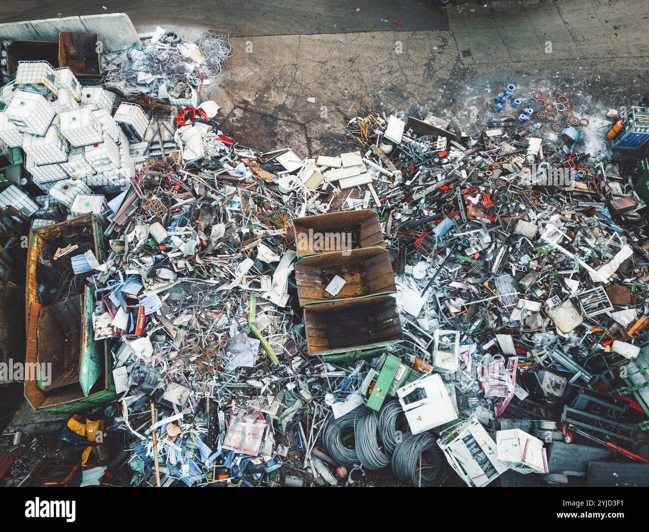 Aerial view, drone shoot of recycling center, containers for sorting ...