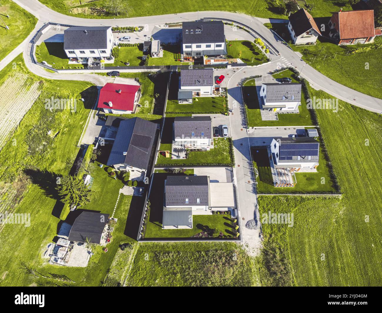 Aerial view, drone flying over suburban community in the country side ...