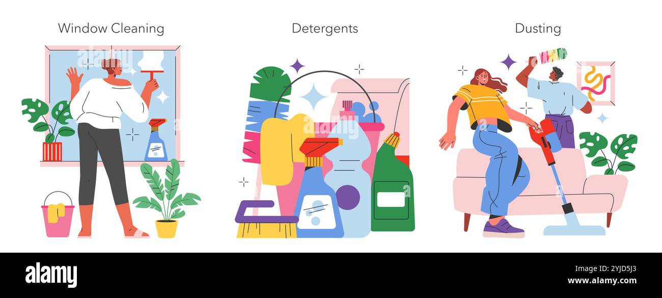 House Cleaning set. People engaged in domestic chores. Window washing ...