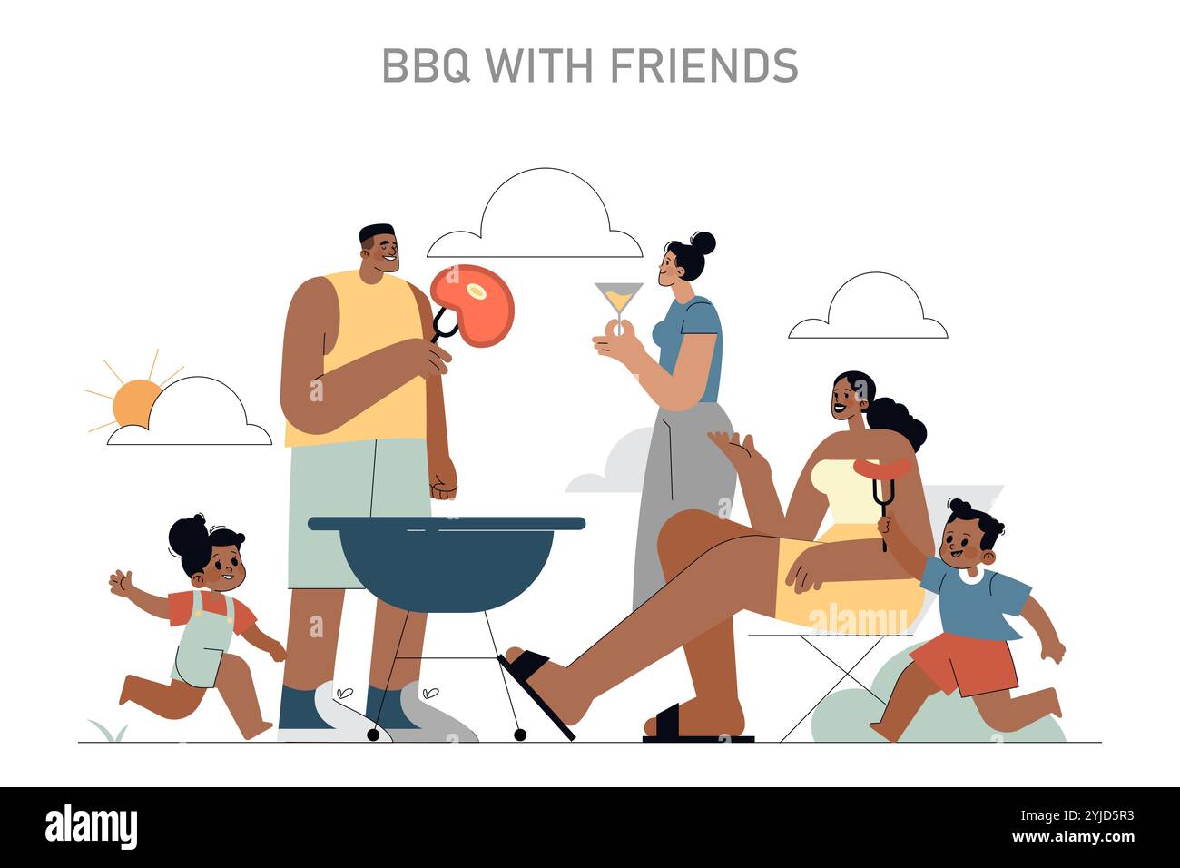 Outdoor gathering concept. Friends enjoy a barbecue on a sunny day ...