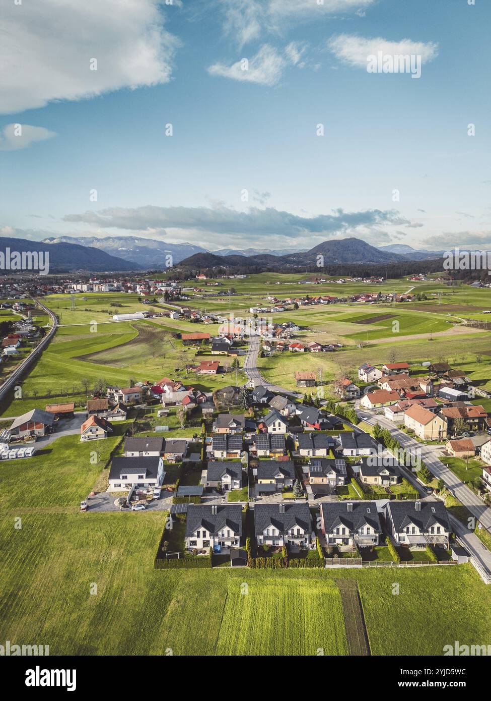 Drone view, aerial shoot of new build houses in the suburbs of Slovenia ...