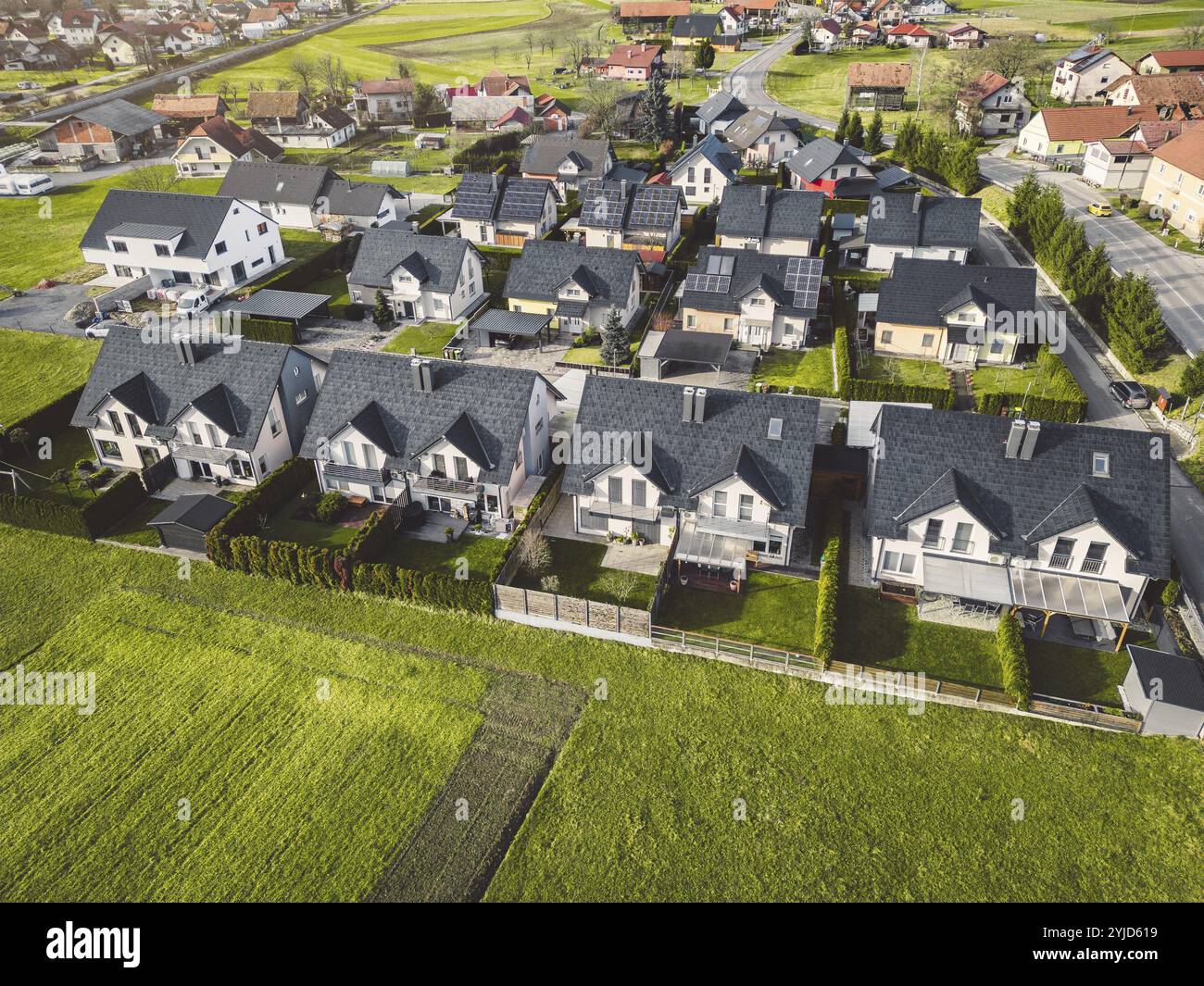 Drone view, aerial shoot of new build houses in the suburbs of Slovenia ...