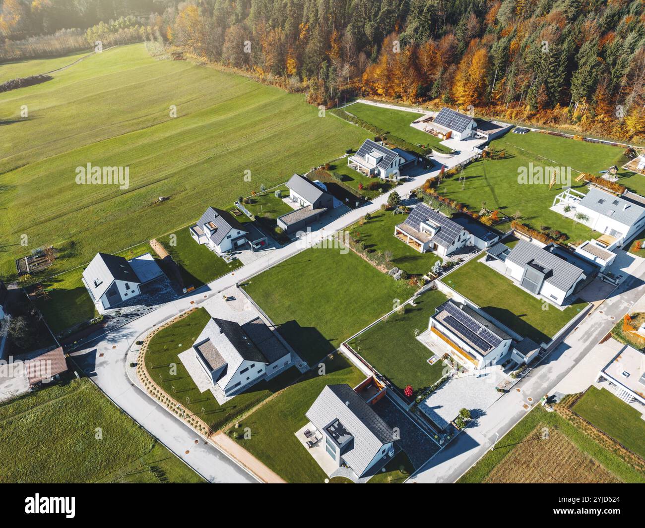 Aerial view, drone flying over new housing development in the country ...