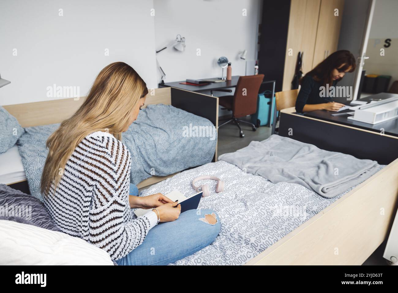 Two young caucasian women, college students studying together in their ...
