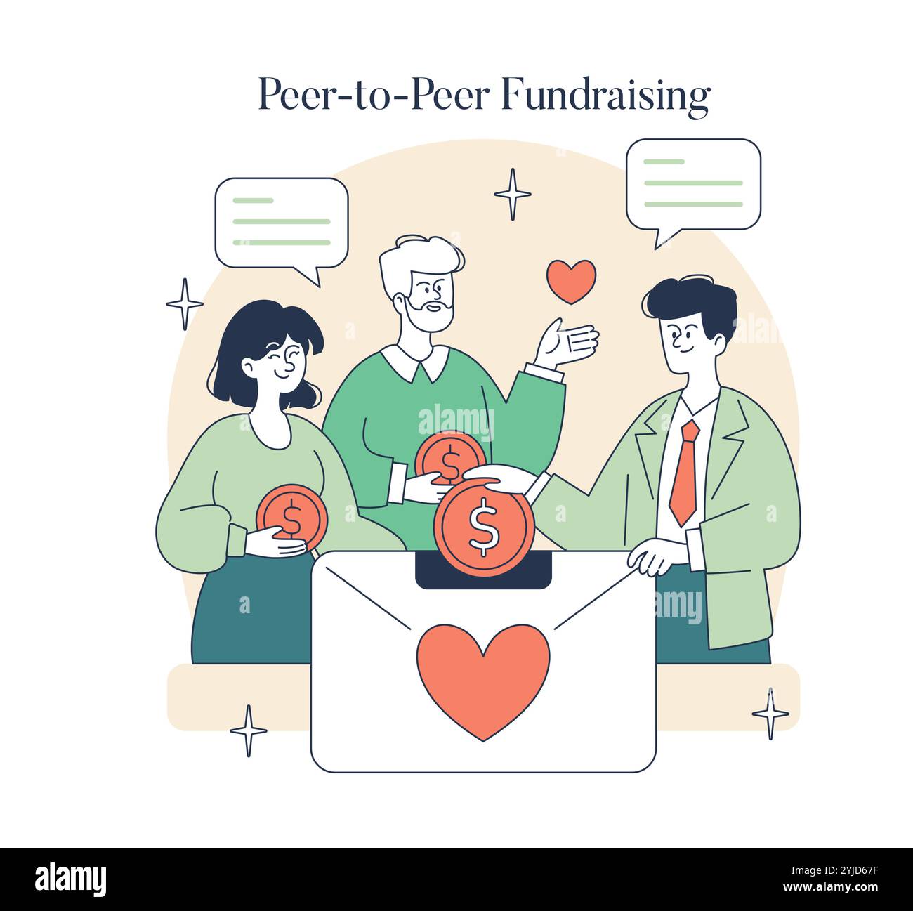 Giving Tuesday concept. Illustration of friends engaging in peer-to-peer fundraising with ...